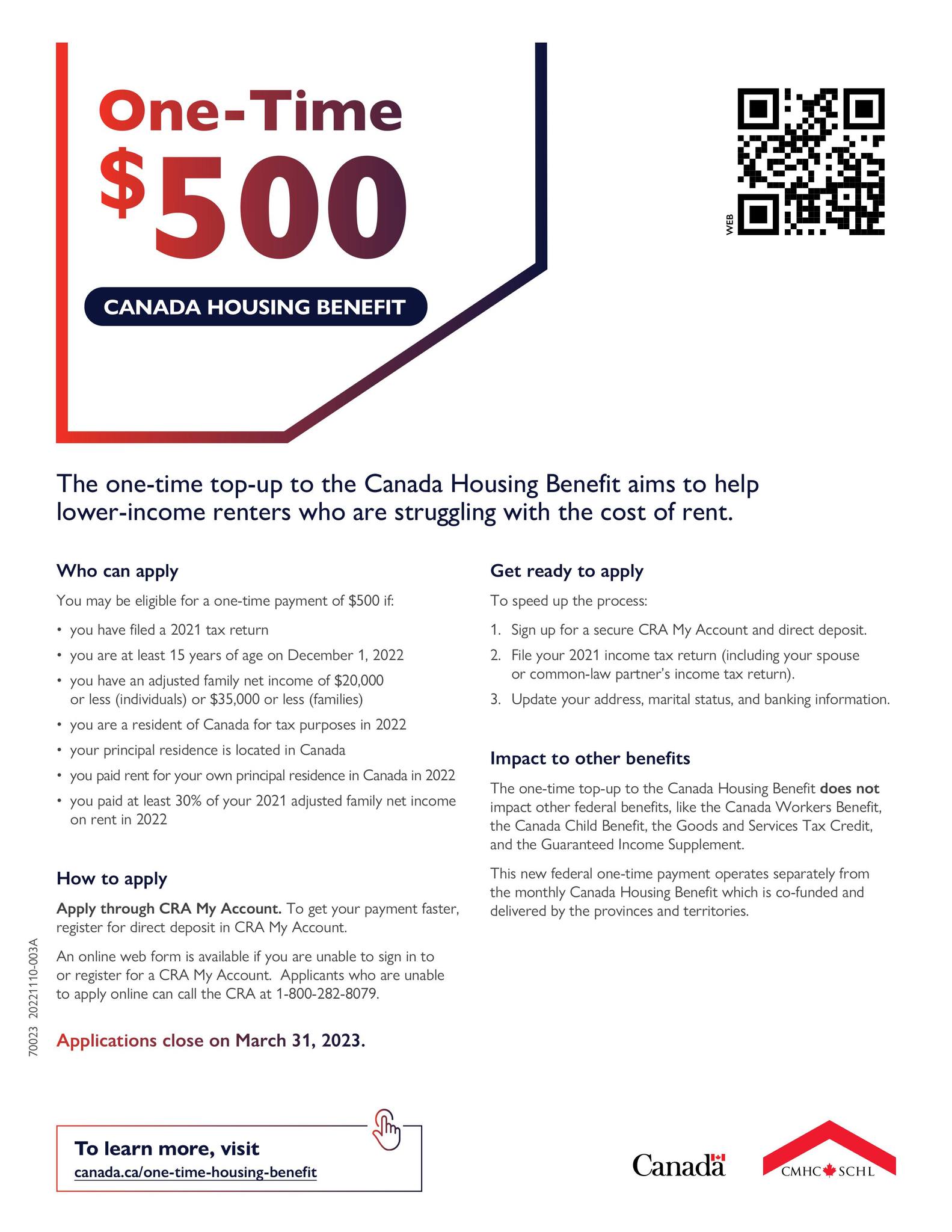 Canada Housing Benefit One-Time $500 top-up application (closes March ...